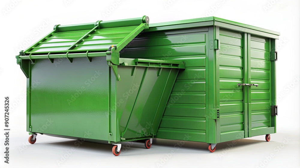 Open and closed green dumpster , garbage, waste, recycling, container ...