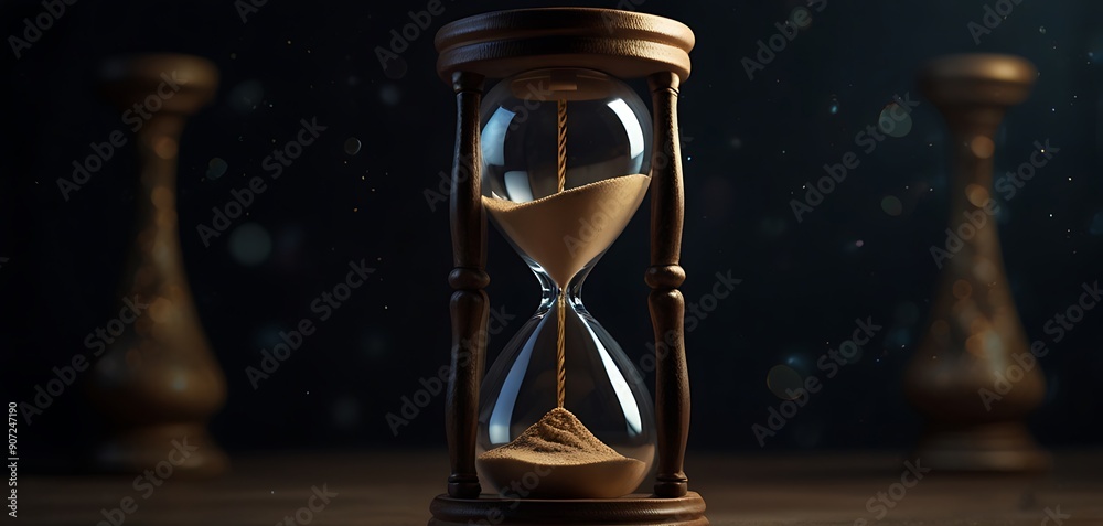 A traditional hourglass with floating sand particles and time symbols ...