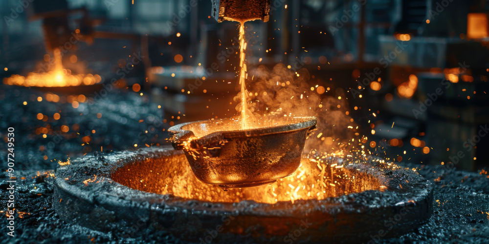 Molten metal being cast into a mold in a foundry, highlighting the ...