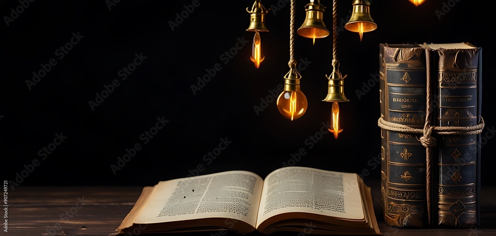 An ancient book with floating knowledge symbols against a black ...