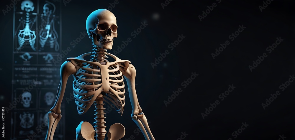 A detailed human skeleton with floating anatomical markers and health ...