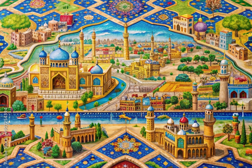 Vibrant colored map highlighting Isfahan, a historic city in central ...
