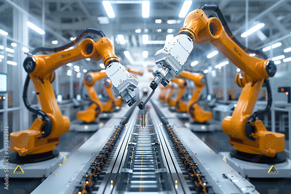 Precision robot arm on automated assembly line in modern factory Stock ...
