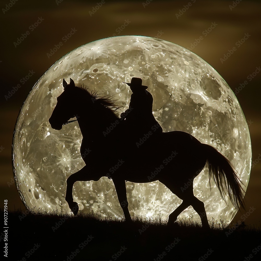 Silhouette of a Horse and Rider against the Full Moon during Nighttime ...