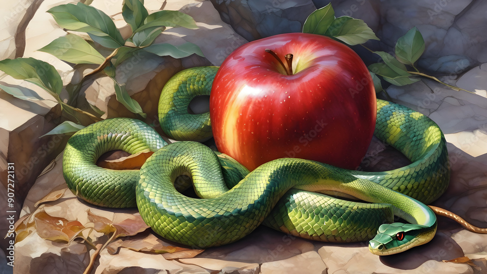 Red apple and snake, Forbidden fruit and evil snake, bible story ...