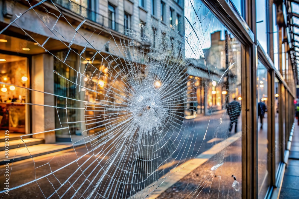 Shattered commercial storefront glass window with spider-web cracks and ...