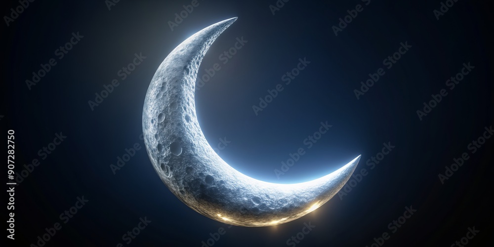 Silvery crescent moon glows softly on a transparent background ...