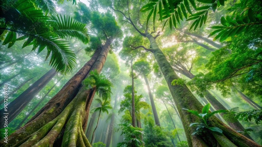 Vibrant green canopy of ancient trees towers above misty forest floor ...