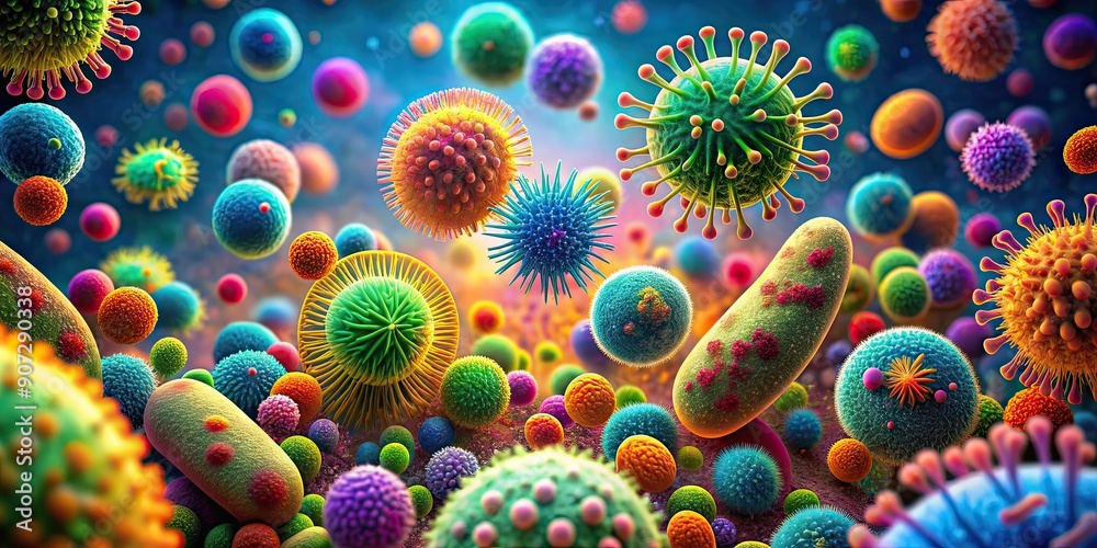 Colorful and detailed of pathogenic bacteria in a vibrant, enigmatic ...