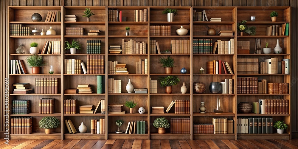 Virtual background featuring a realistic wooden bookshelf filled with ...