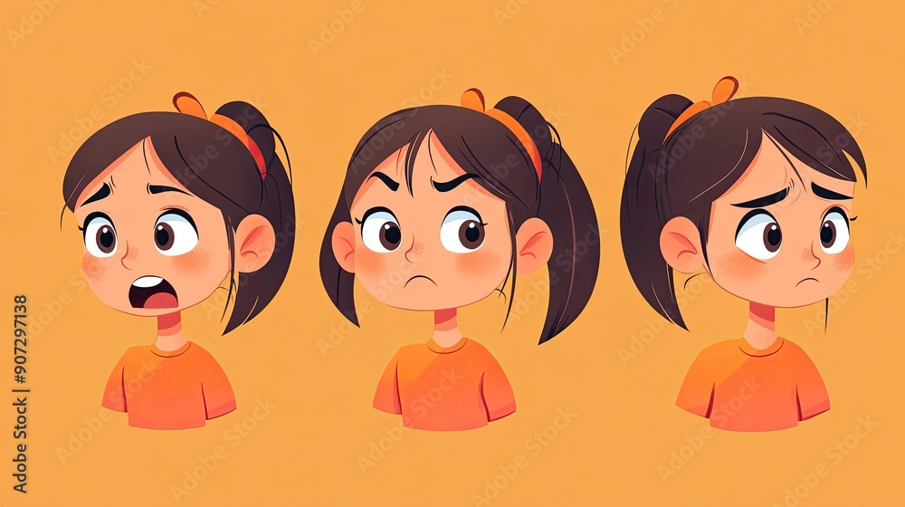 Cartoon girl portraying multiple emotions on a single color background ...