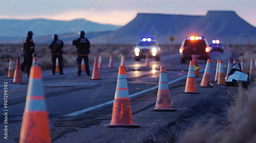 Foto de Roadside Checkpoint with Traffic Cones and Police Officers ...