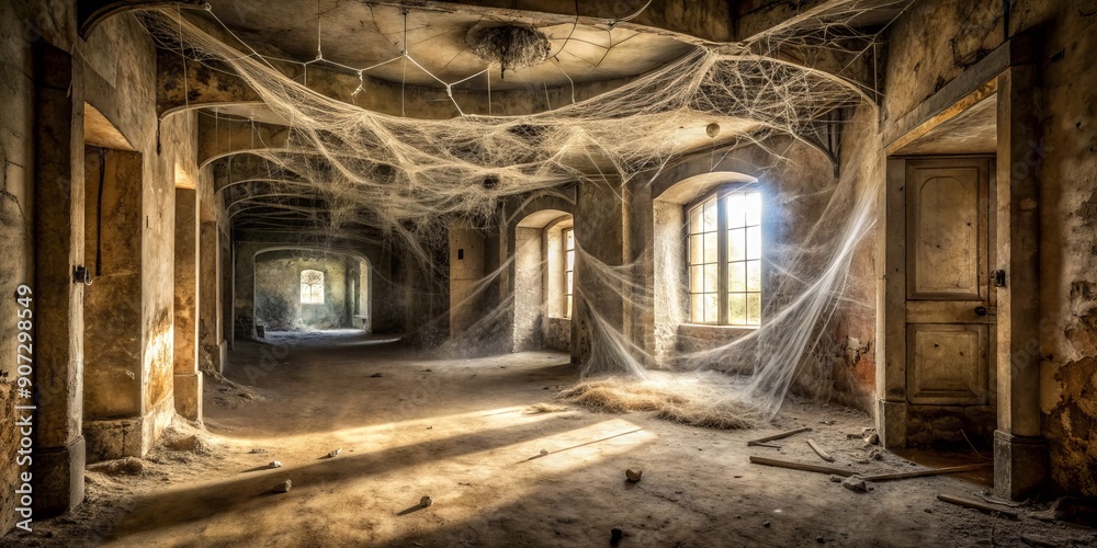 Abandoned chamber filled with deep cracks, thick layers of dust, and ...