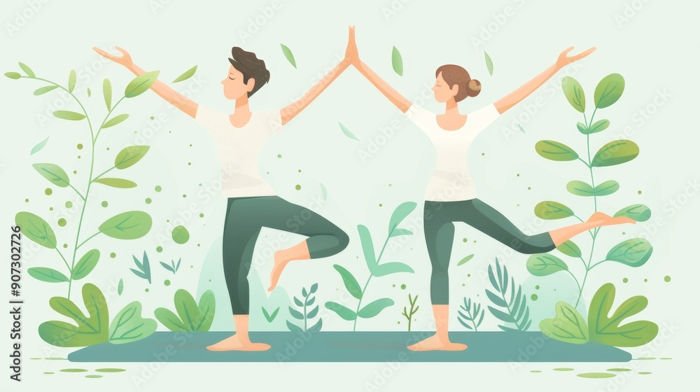 Cartoon Vector of a couple practicing partner yoga, with a focus on ...
