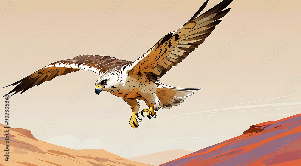 Stylized illustration of a Saker falcon soaring over a desert landscape ...