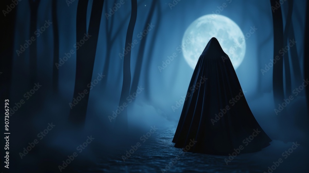 Dark figure in a cloak wandering through an ancient forest at midnight ...