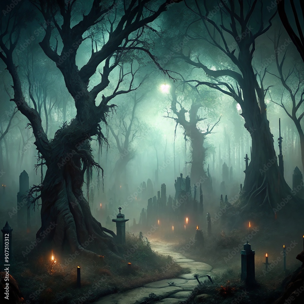 A dense, shadowy forest haunted by spectral lights and twisted trees ...
