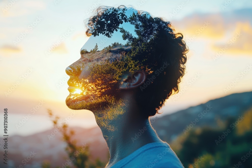 Serene Man Finding Peace: Deep Breathing on Hillside for Stress Relief ...