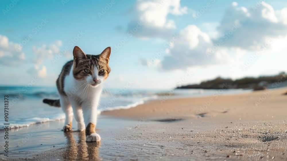Cat Walking on the Beach: Charming Scene of a Feline Strolling Along ...