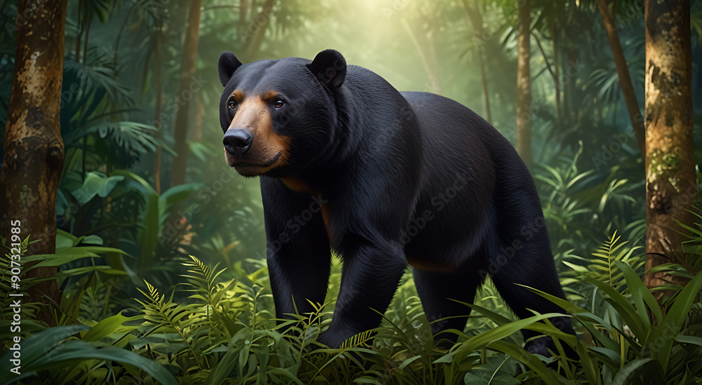 Stylized art of a Malayan sun bear exploring the undergrowth of a ...