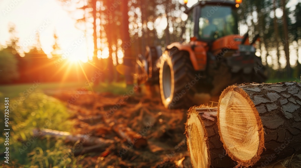 Workers in safety gear operate machinery to log trees in a forest ...