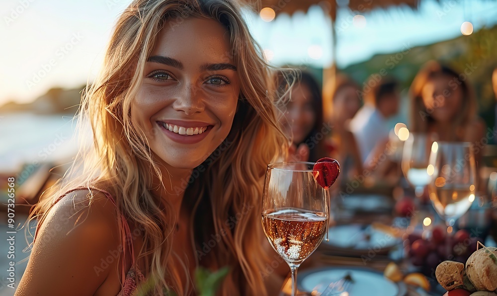 Happy friends enjoy red wine at a restaurant table, with a multiracial ...