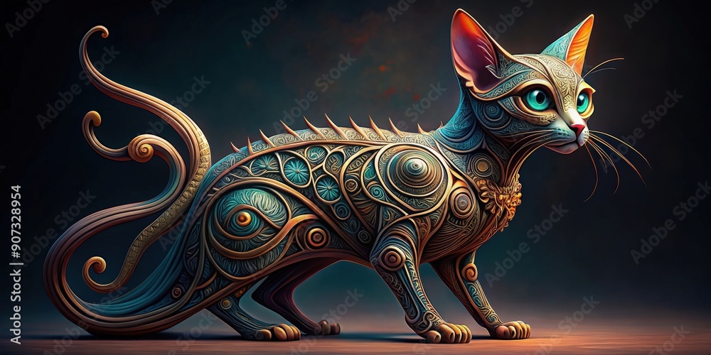 Intricate artwork of an alien cat with ancestry merging ancient echoes ...