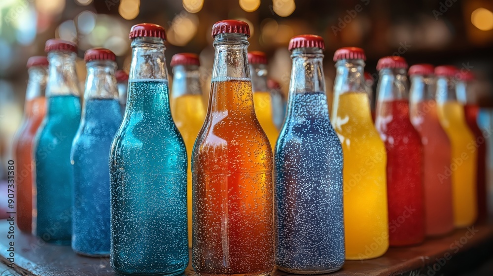 Row of Soda Bottles in a Bar Setting, Colorful and Bubbly, Suitable for ...