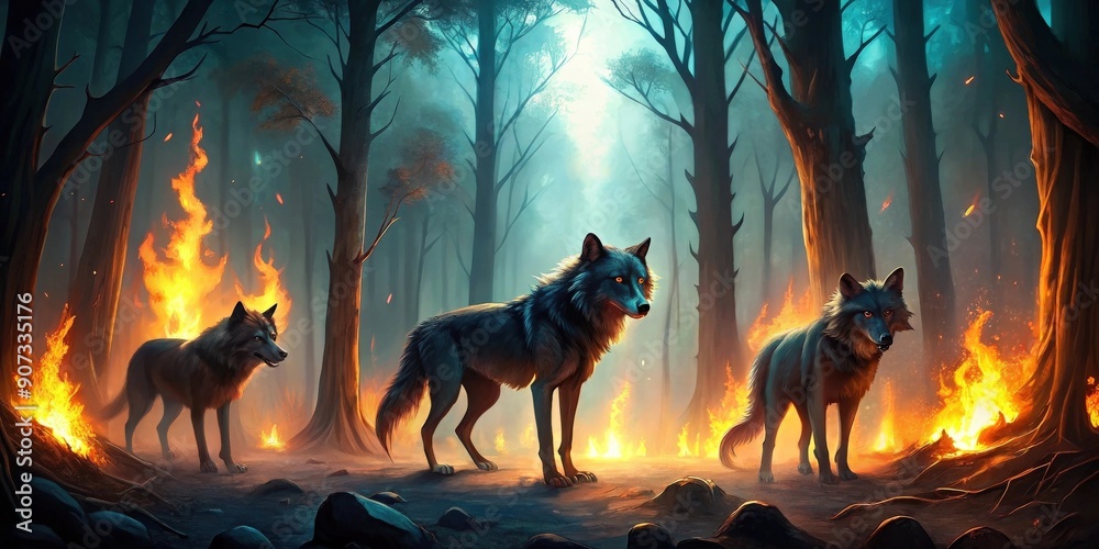 Burning fire illuminating a dark forest with menacing wolves in fantasy ...