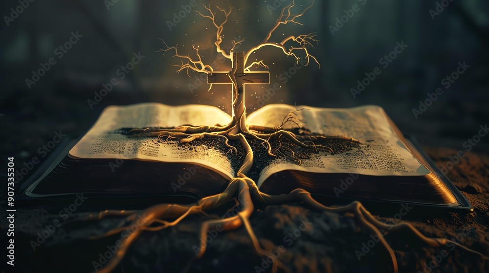 An open Bible with roots emerging and a cross, symbolizing the ...