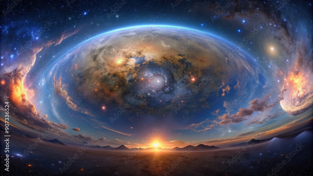 360 degree equirectangular projection of a celestial nebula and stars ...