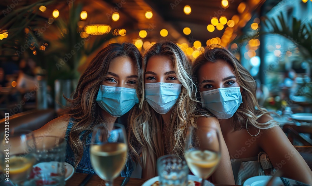 Happy friends, wearing protective face masks, are taking a selfie at a restaurant. This new ...