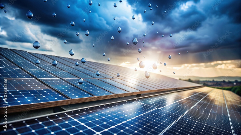 Raindrops falling on solar panels on a rooftop, rain, solar panels ...