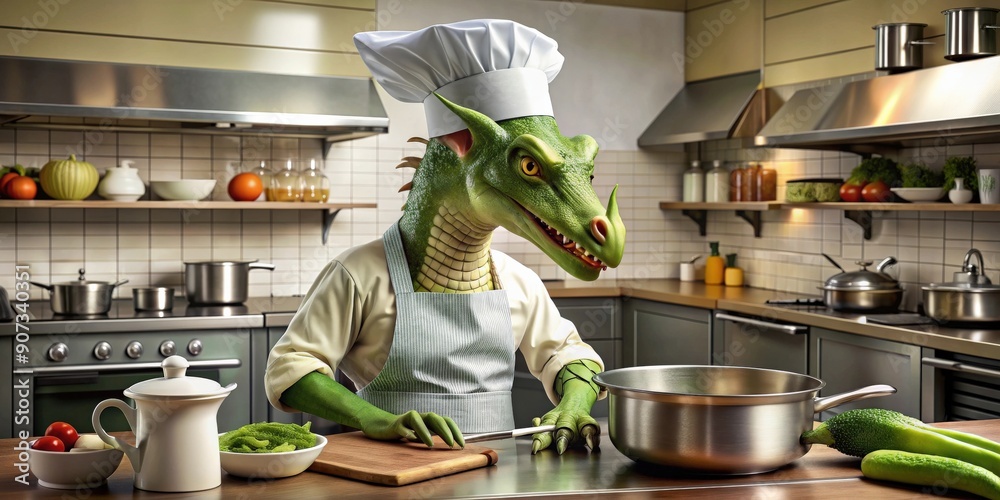 Chef Dragon in a chef hat and apron cooking in a kitchen setting ...
