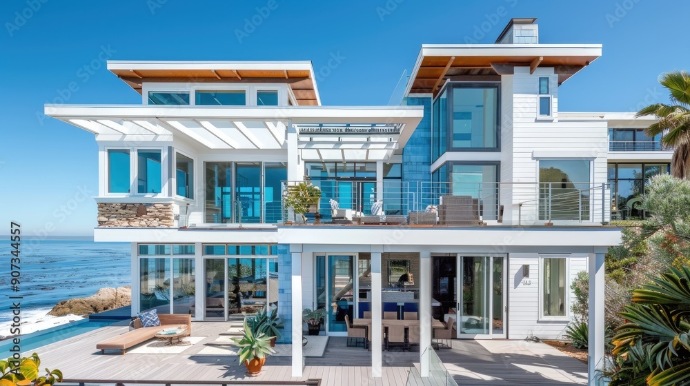 A contemporary coastal home with a white and blue exterior, large ...