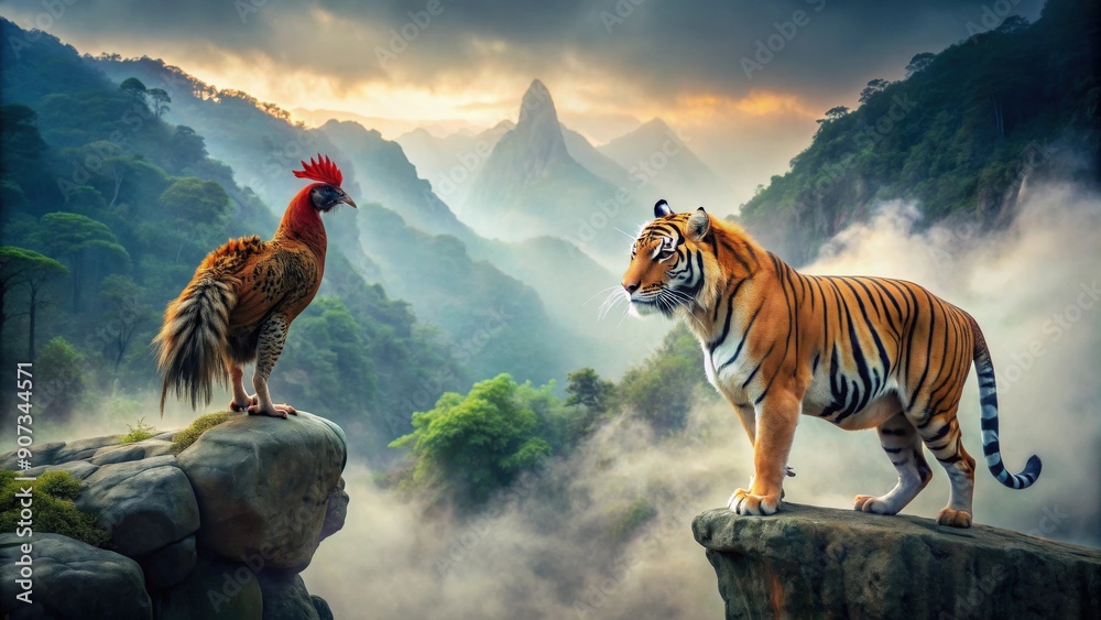 Rooster facing off against tiger in misty mountain setting, rooster ...