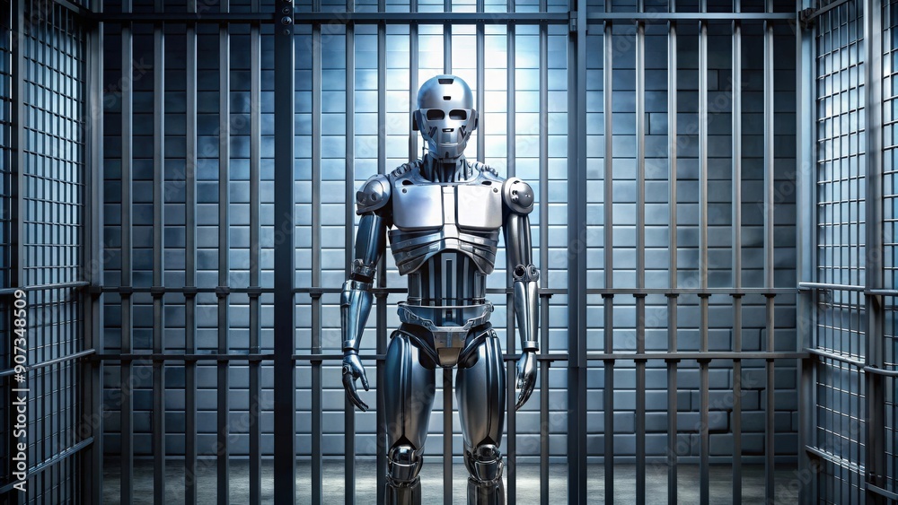Robot cyborg with metallic body standing behind bars in a jail cell ...