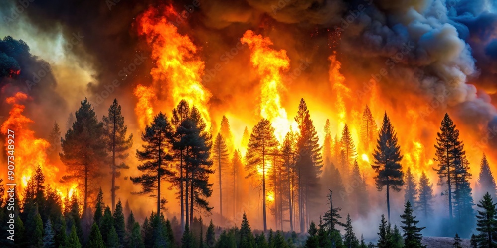 Raging forest fire engulfing trees with flying sparks and smoke ...
