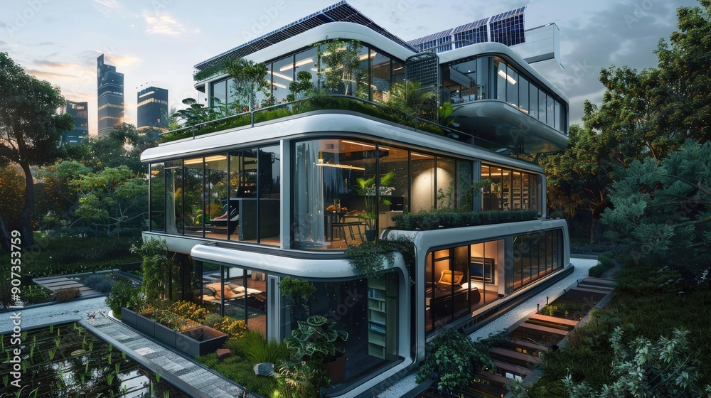 A futuristic modular home with a stackable design, large glass panels ...