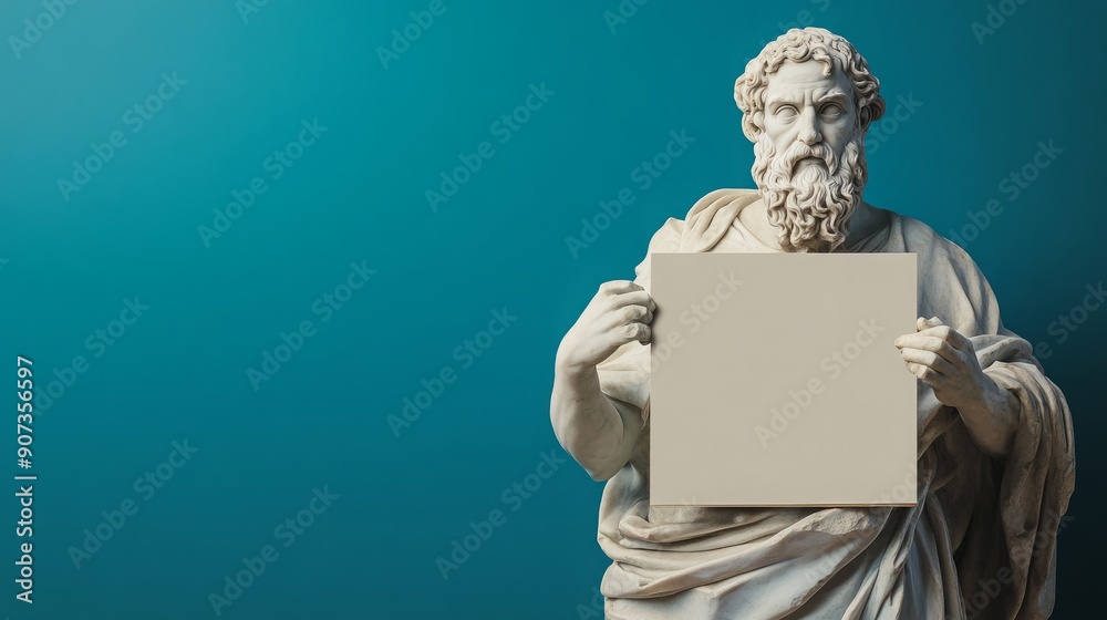 Ancient Marble Philosopher Holding 16:9 Mockup Frame, Centrally ...
