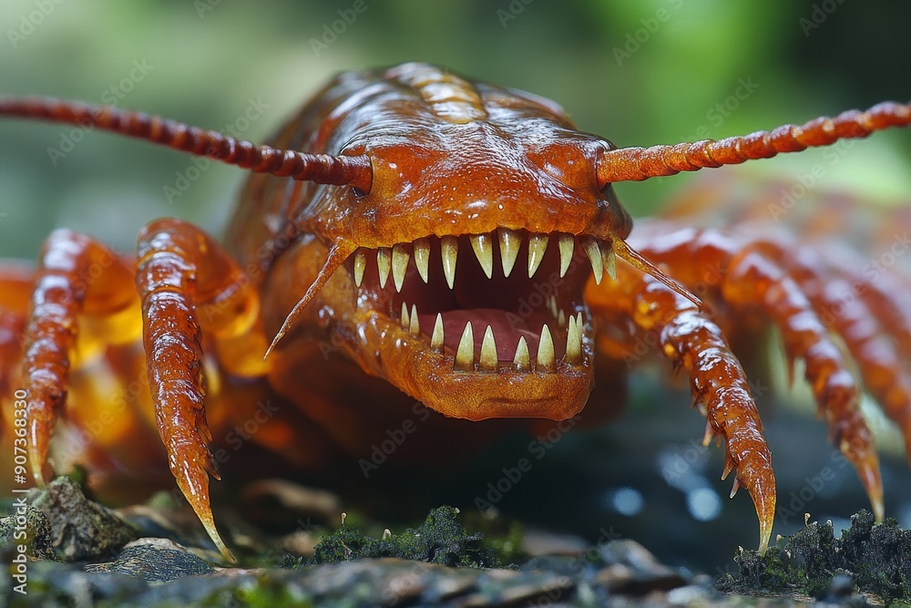 Close-up of a prehistoric centipede, capturing its menacing mandibles ...