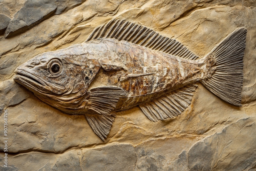 Detailed view of a prehistoric fish fossil, highlighting the ...