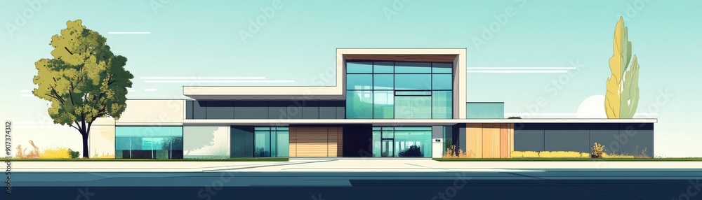 Green building design with energyefficient lighting, flat design, front ...