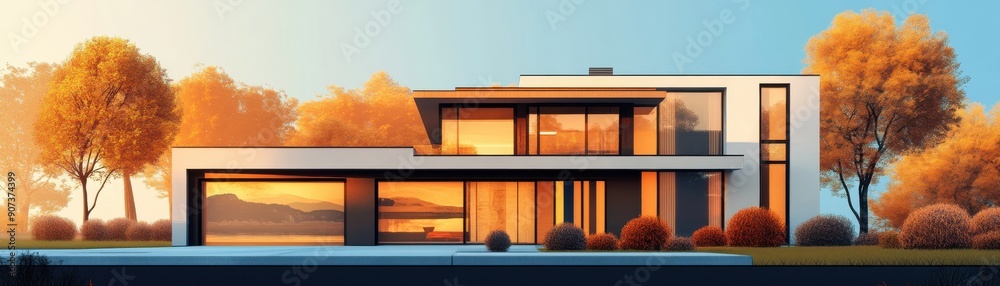 Passive solar design in modern houses, flat design, front view ...