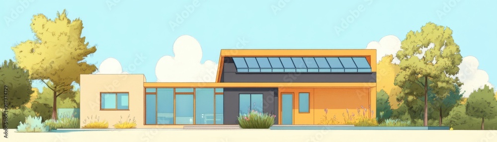 Passive solar design with large southfacing windows, flat design, front ...