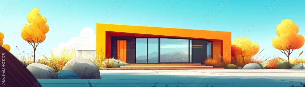 Passive design strategies with sun shading, flat design, side view ...