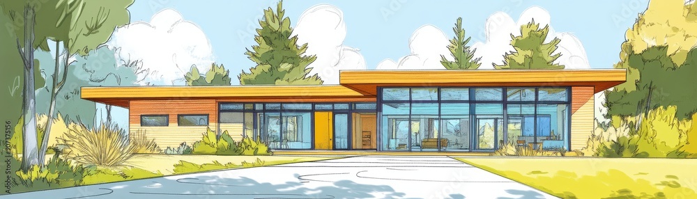 Passive solar design with large southfacing windows, flat design, front ...