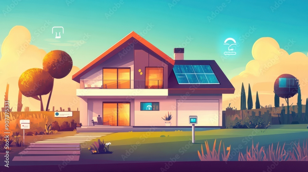 Efficient energy use in smart home systems, flat design, front view ...