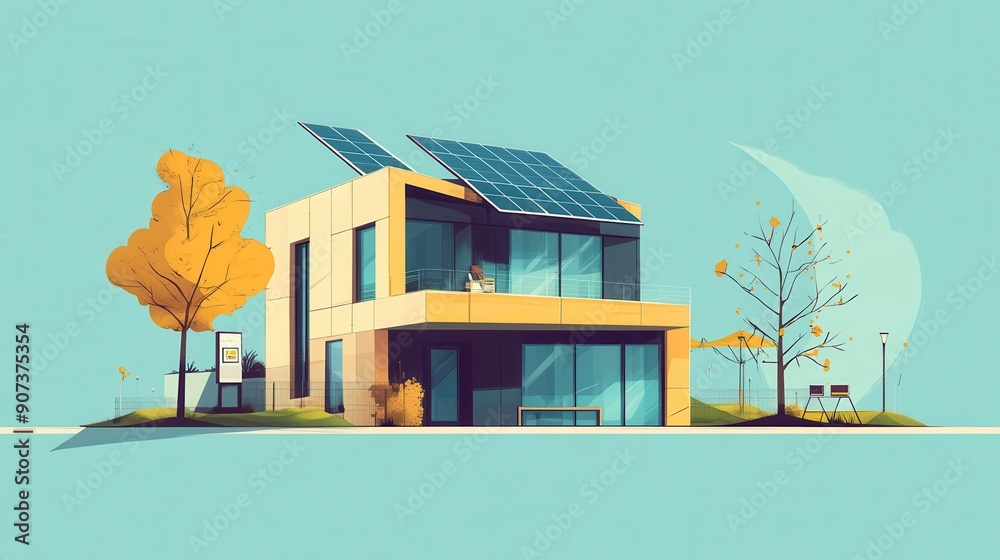 Ecofriendly architecture with renewable energy systems, flat design ...