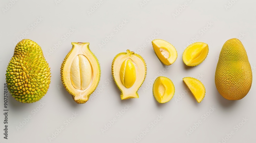 Various stages of a jackfruit's life cycle, from whole to halved to ...
